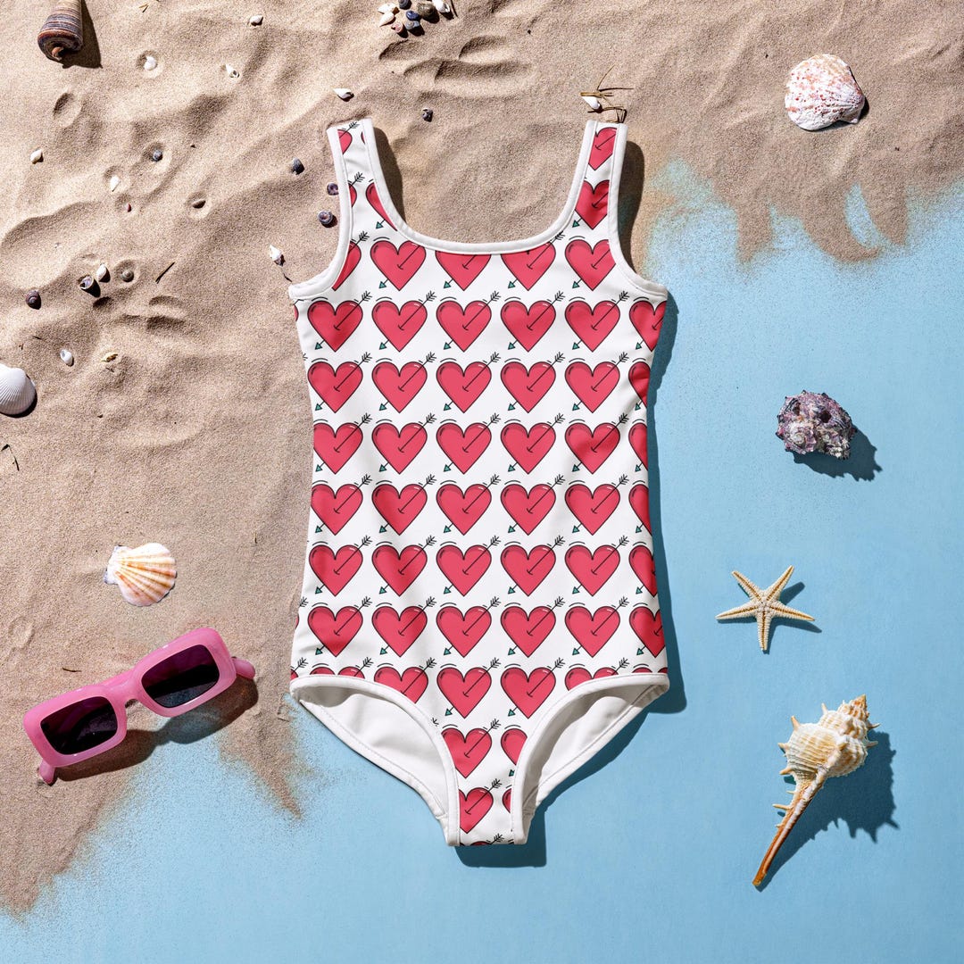 Girls Pink Arrow Heart Swimsuit, Kids One Piece Bathing Suit, Valentine ...