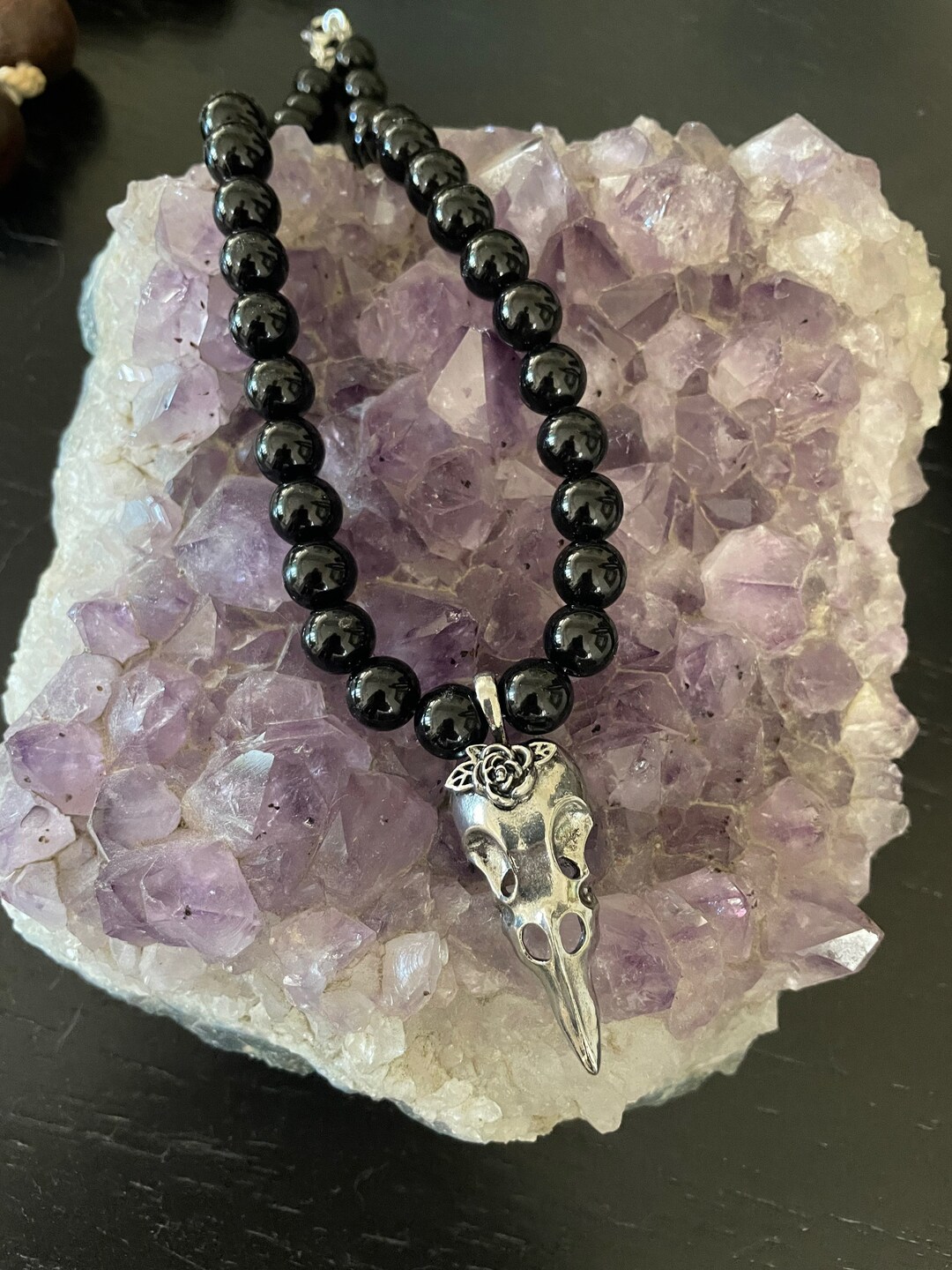 Gothic Natural Black Jade Choker Necklace With Silver Bird Skull Charm ...