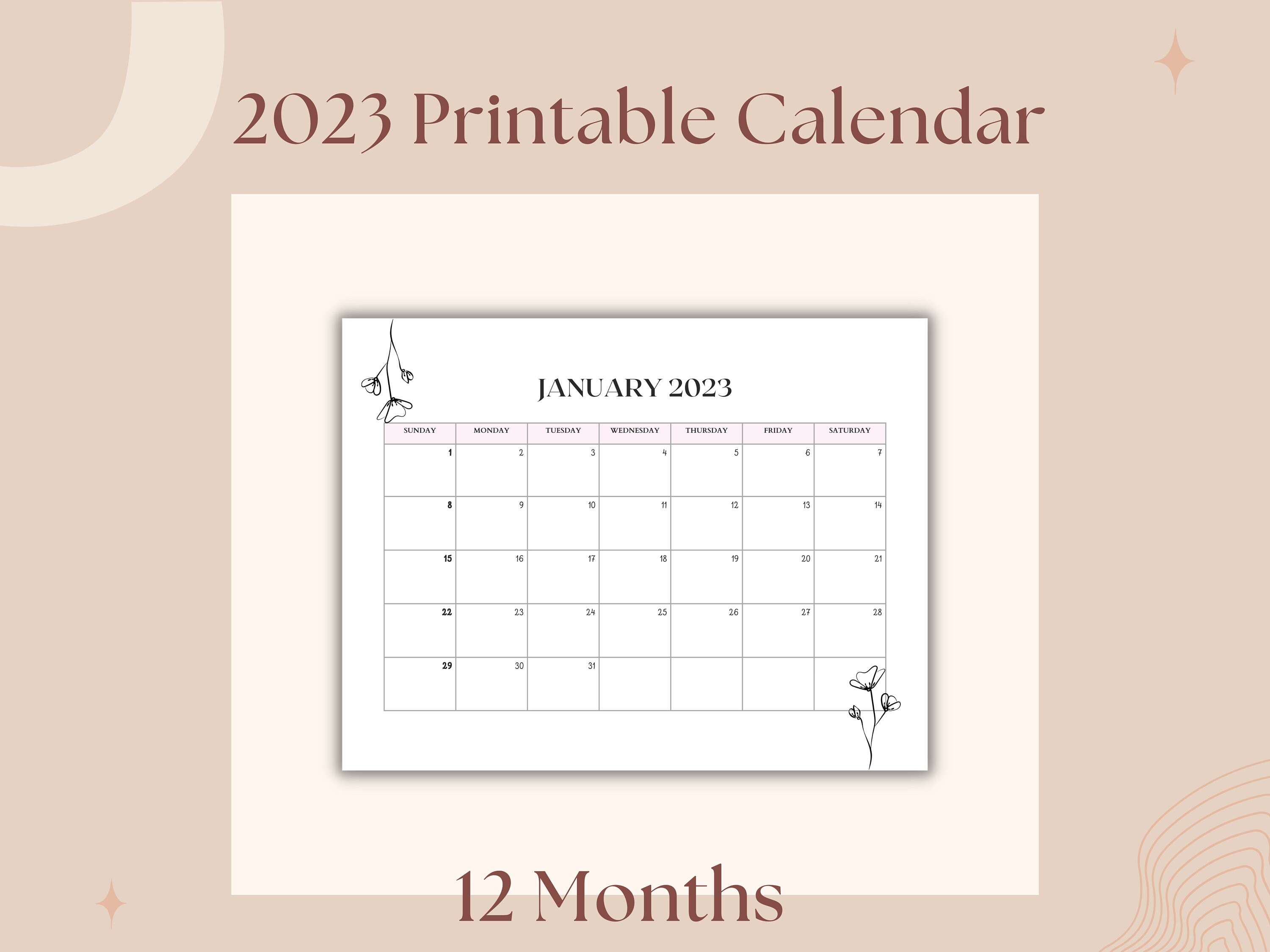 2023 Calendar Printable Digital Download Pink Edition With Flowers 12 ...