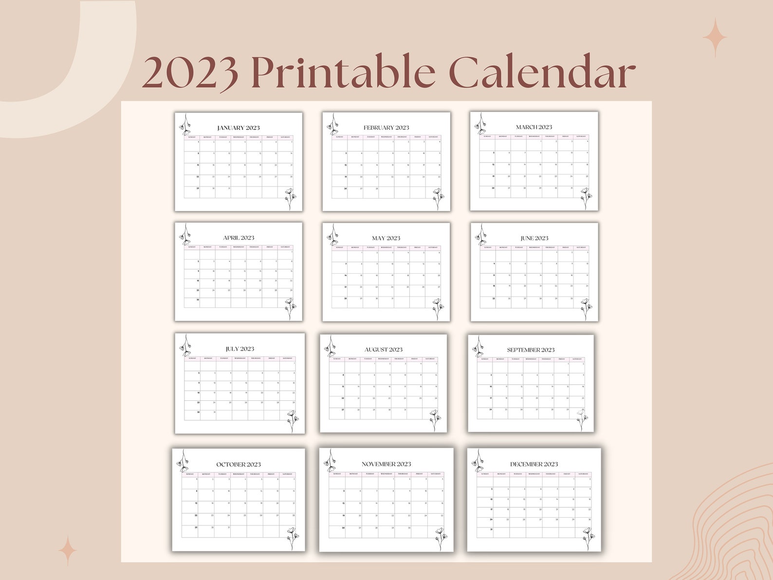 2023 Calendar Printable Digital Download Pink Edition With Flowers 12 ...