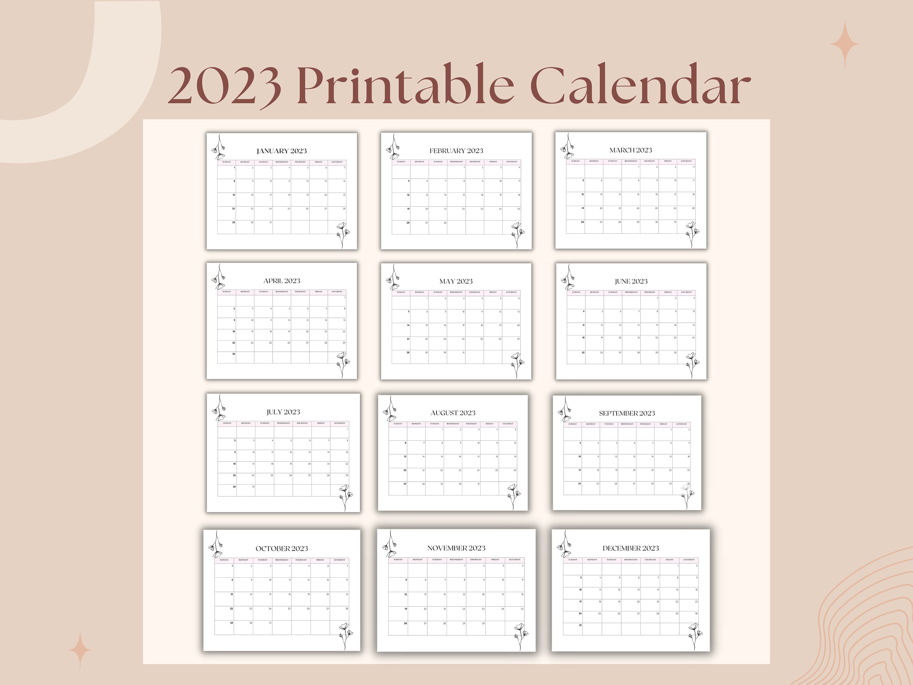 2023 Calendar Printable Digital Download Pink Edition With Flowers 12 ...