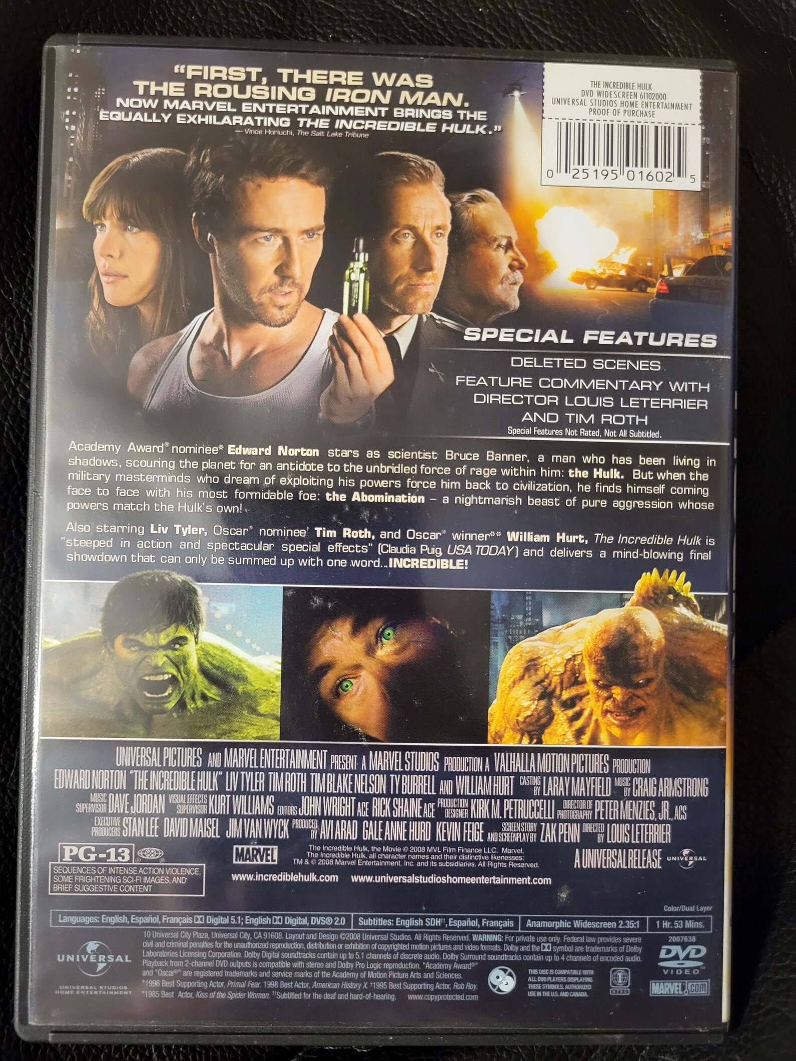 The Incredible Hulk DVD Lou Ferrigno - Edward Norton - Liv Tyler - Tim ...
