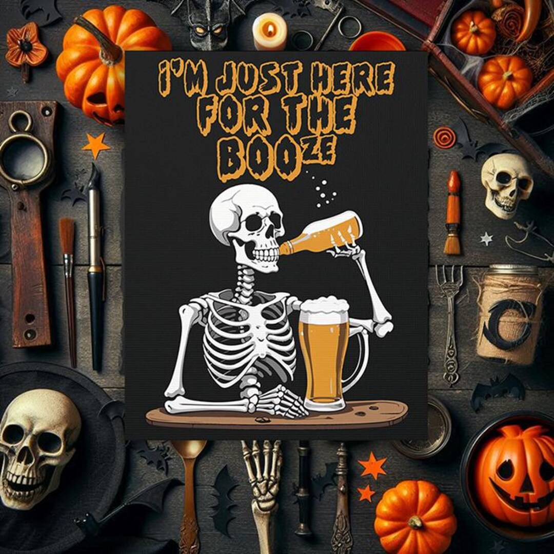 Skeleton Drinking Beer Halloween Canvas, Halloween Decor, Spooky Season ...