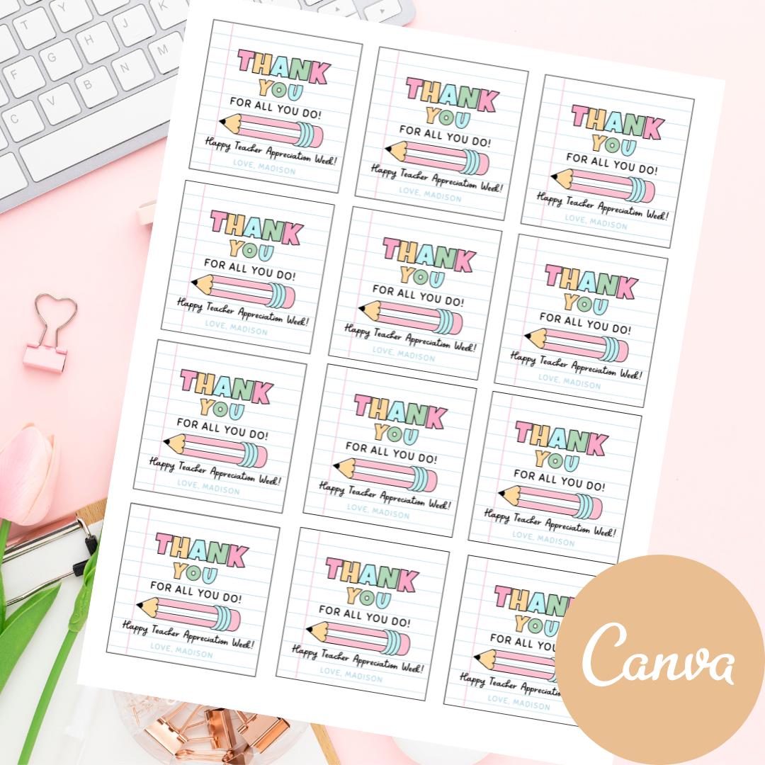 Editable Teacher Appreciation Gift Tags: Printable Thank You (canva ...