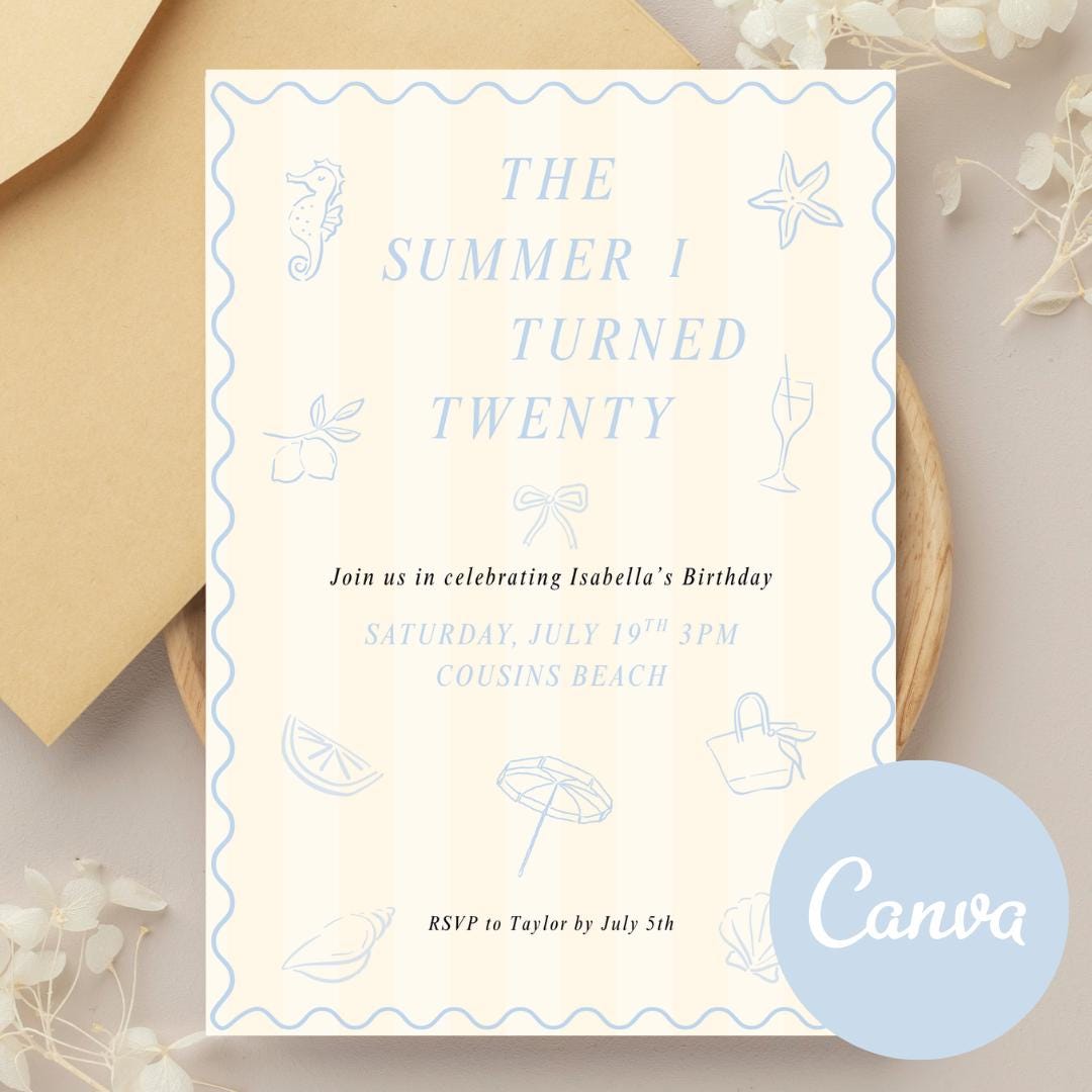 The Summer I Turned Pretty Birthday Invitation | Coastal Blue Canva ...
