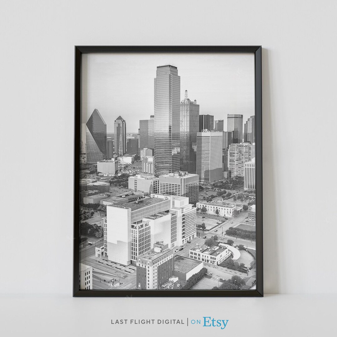 Texas Print, Dallas Poster, Downtown, Cityscape, Black White Photo ...