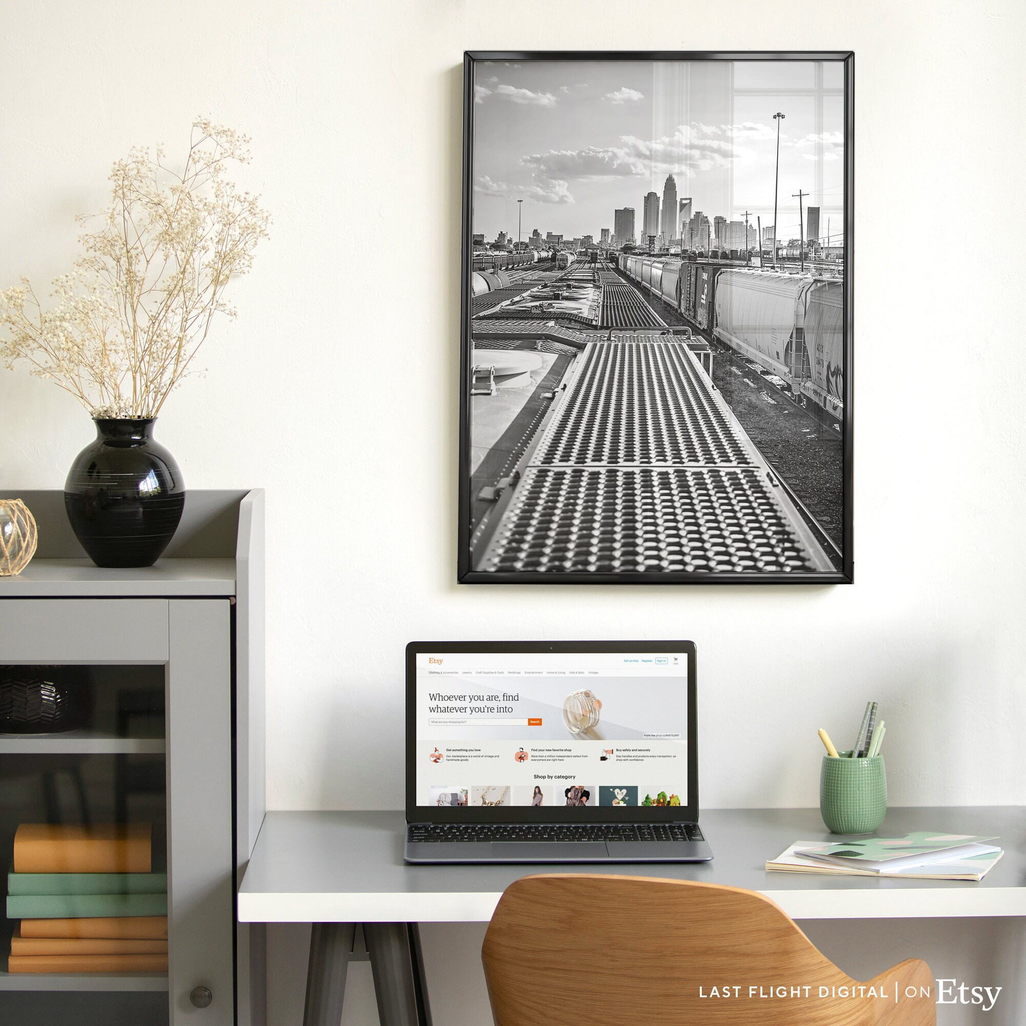 Charlotte Print, North Carolina Poster, Train Yard, Cityscape, Black ...