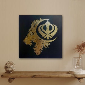 Sikh Khanda With Lion | Sher Foil Art on Canvas | Hand Made Sikh Art ...