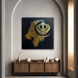 Sikh Khanda With Lion | Sher Foil Art on Canvas | Hand Made Sikh Art ...
