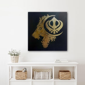 Sikh Khanda With Lion | Sher Foil Art on Canvas | Hand Made Sikh Art ...