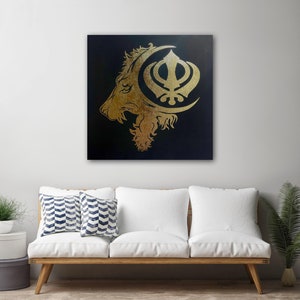 Sikh Khanda With Lion | Sher Foil Art on Canvas | Hand Made Sikh Art ...