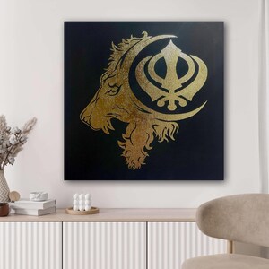 Sikh Khanda With Lion | Sher Foil Art on Canvas | Hand Made Sikh Art ...