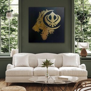 Sikh Khanda With Lion | Sher Foil Art on Canvas | Hand Made Sikh Art ...