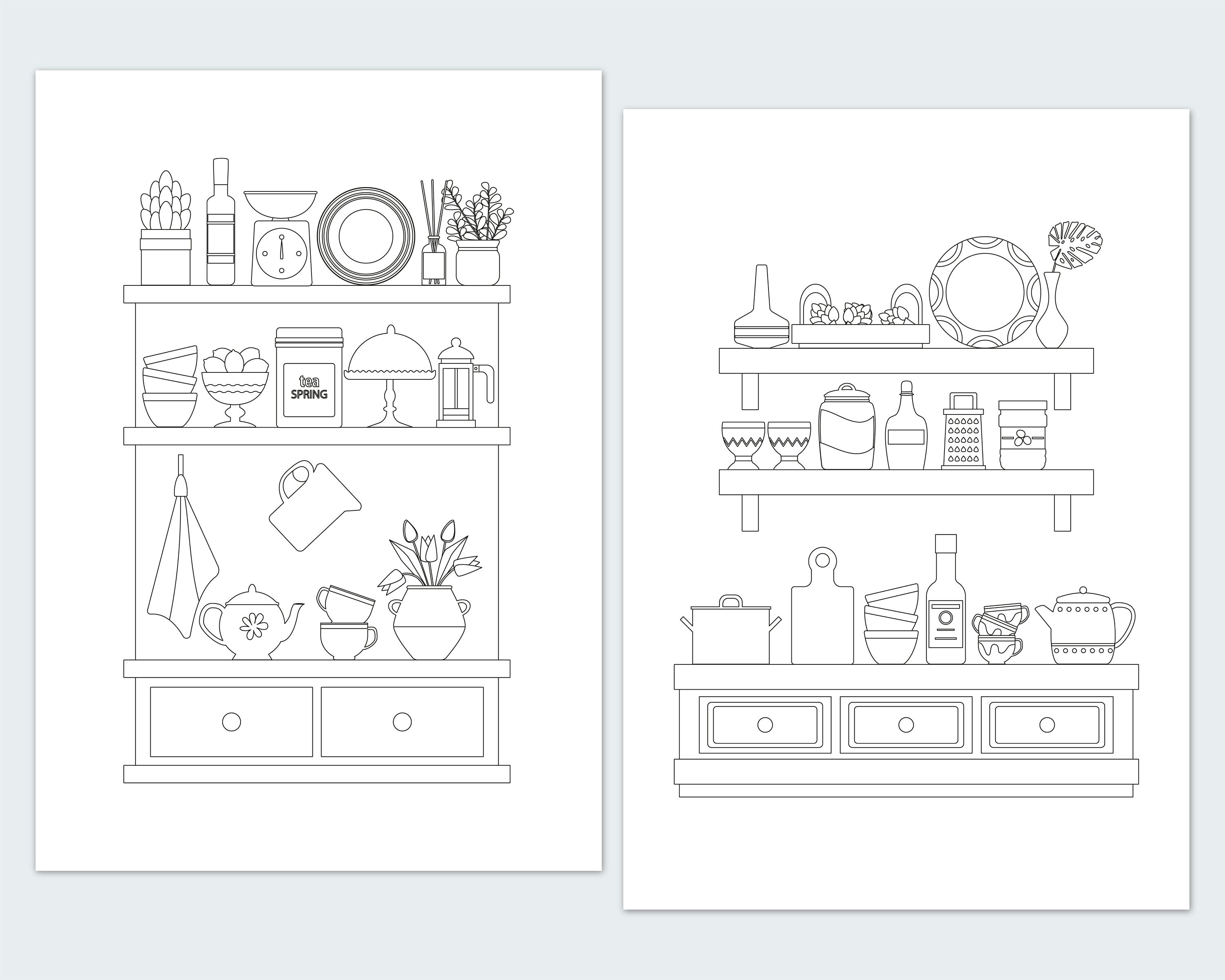 Printable 10 Coloring Pages, Digital Kitchen Shelves, Instant Download ...
