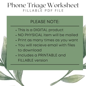 Telephone Triage Nurse Worksheet, Fillable PDF, Clinic Nurse Phone ...