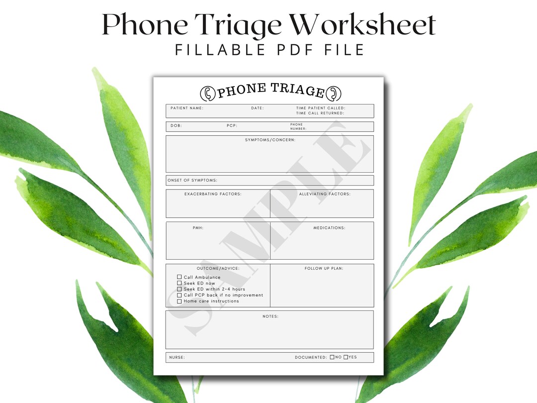 Telephone Triage Nurse Worksheet Fillable PDF Clinic Nurse - Etsy
