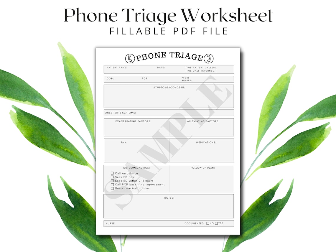 Telephone Triage Nurse Worksheet Fillable PDF Clinic Nurse - Etsy