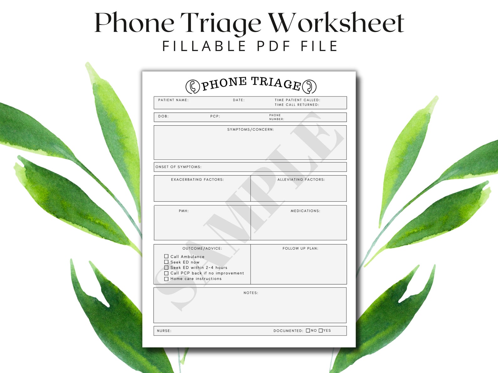 Telephone Triage Nurse Worksheet Fillable PDF Clinic Nurse - Etsy