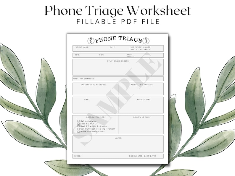 Telephone Triage Nurse Worksheet, Fillable PDF, Clinic Nurse Phone ...