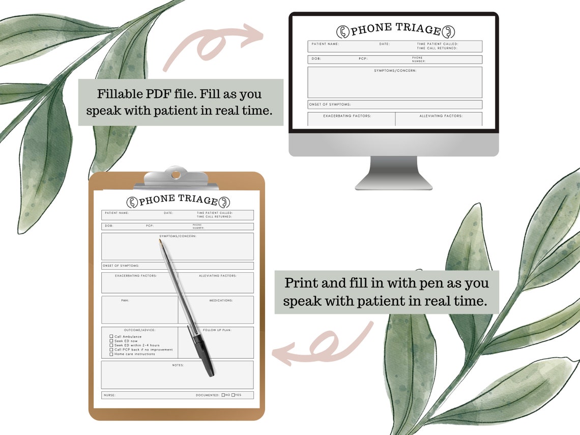 Telephone Triage Nurse Worksheet, Fillable PDF, Clinic Nurse Phone ...