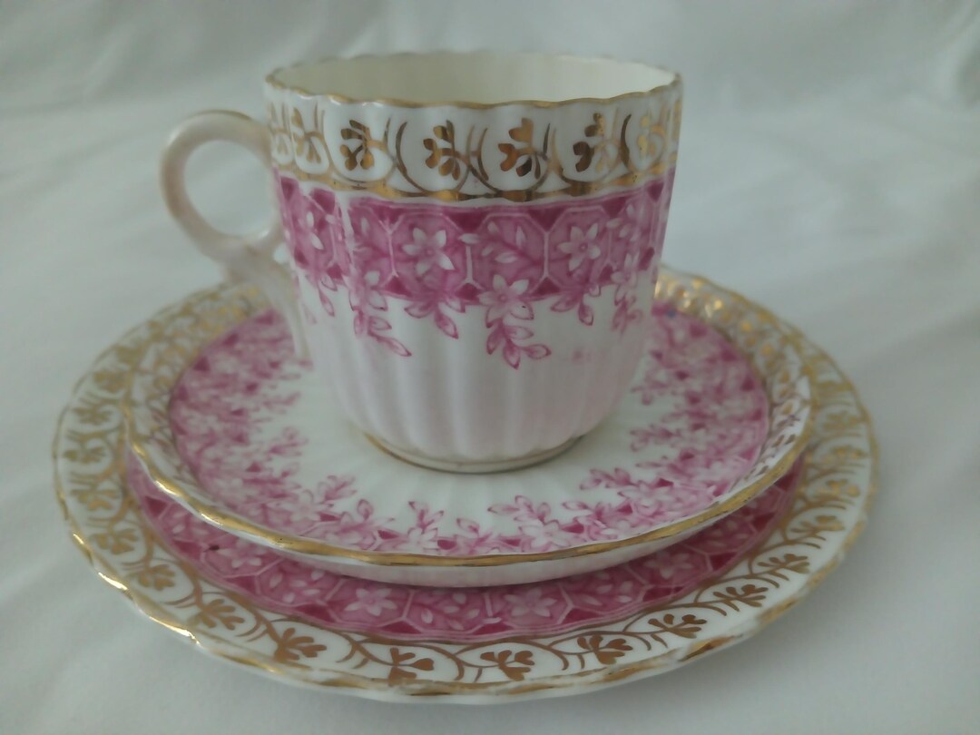 Antique Pink Gold White Flowers Tea Cup Saucer With Side Plate Rare ...