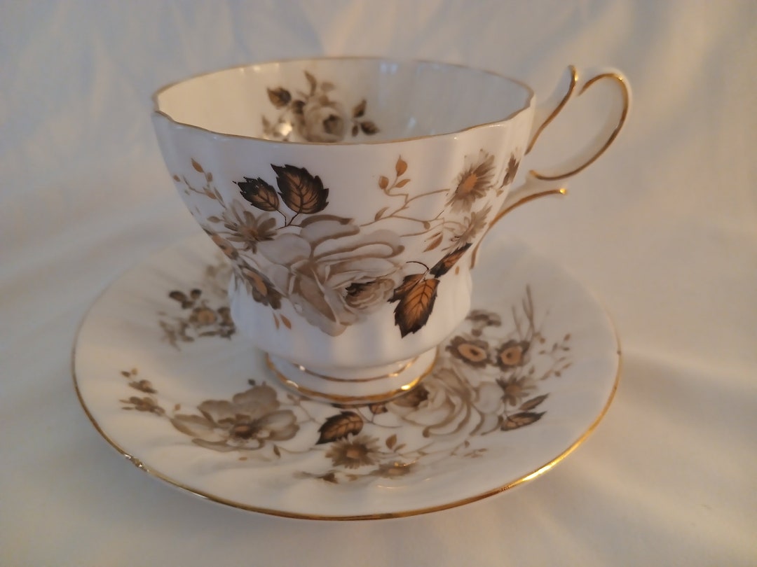 Vintage Queen Ann Tea Cup Saucer Terra Nova Rose Flower Brown Gray Gold ...