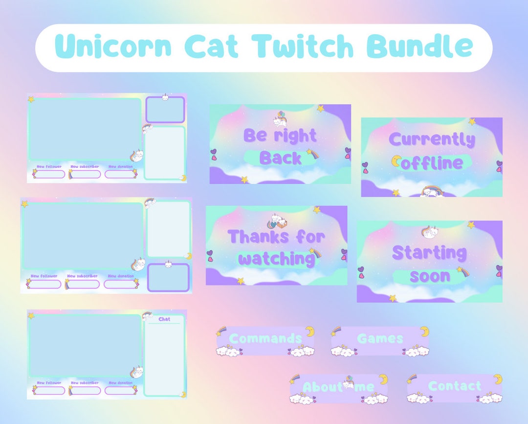Cute Unicorn Cat With Pastel Colors Twitch Package | Animated Scenes ...