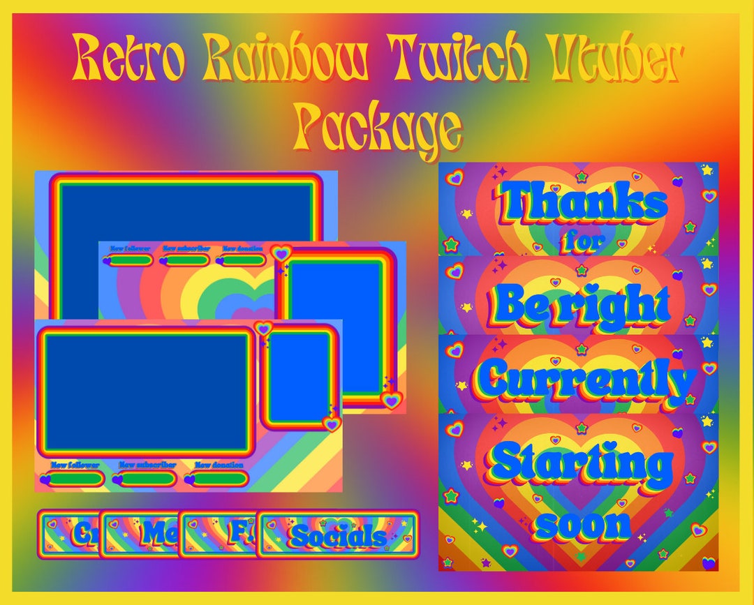 Retro Rainbow Groovy Vibes Twitch Vtuber Package Animated Scenes, Static Stream Overlays and ...