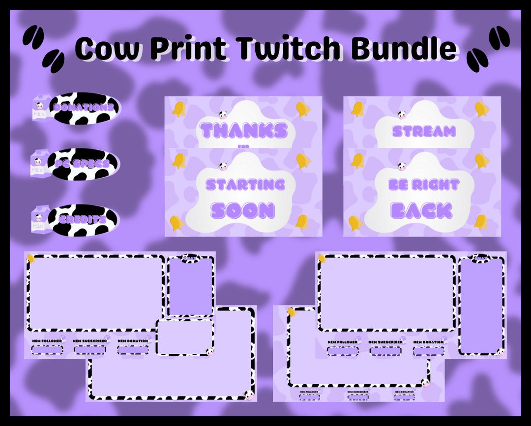 Lavander Light Purple Cow Print Twitch Package | Static Stream Overlays ...