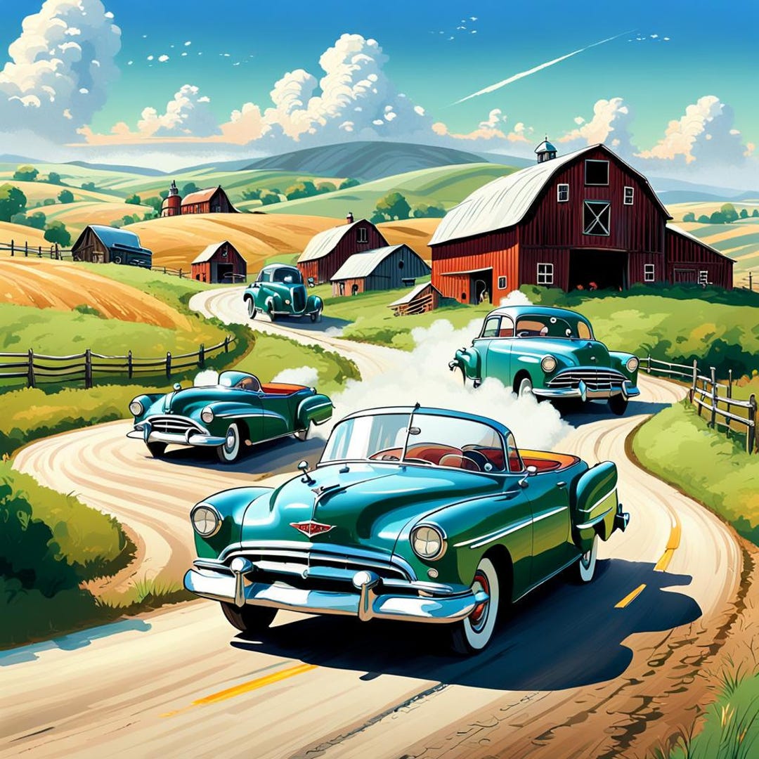 1950s Classic Cars Racing Print Vintage Countryside Digital Art Retro ...