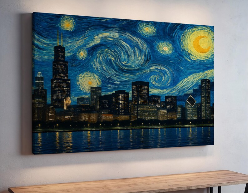 Starry Night Over Chicago Wall Art | Cityscape Canvas Print Home Decor ...