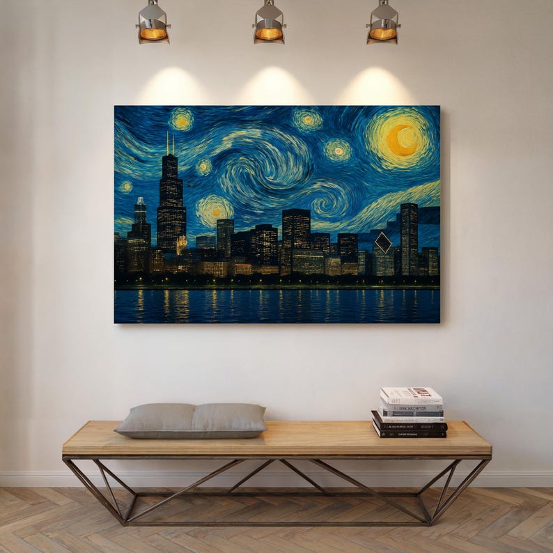 Starry Night Over Chicago Wall Art | Cityscape Canvas Print Home Decor ...