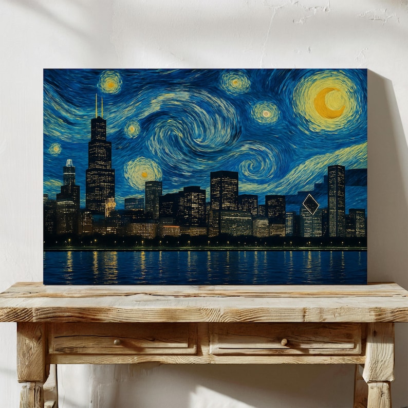 Starry Night Over Chicago Wall Art | Cityscape Canvas Print Home Decor ...