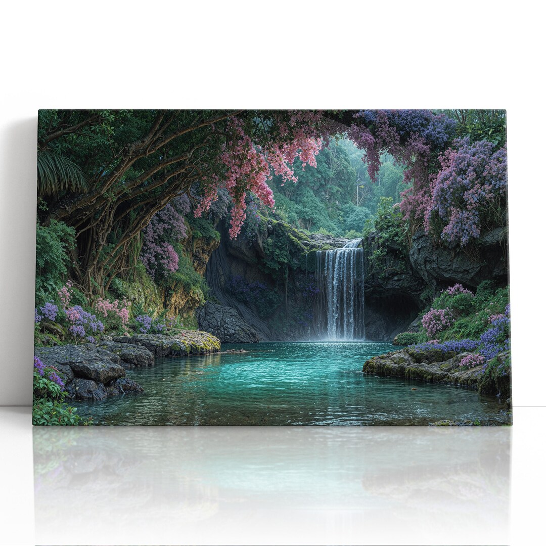 Mountain Waterfall Canvas Print Wall Art – Forest Cascading Waterfall ...