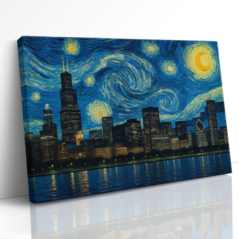 Starry Night Over Chicago Wall Art | Cityscape Canvas Print Home Decor ...