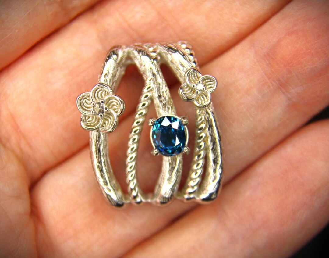 Cambodian Deep Blue Zircon Pendant: Floral Sterling Silver - Etsy