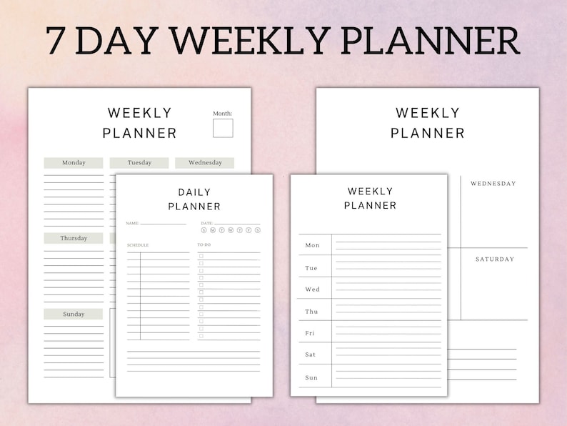 7 Day Weekly Planner Printable Weekly Agenda Meal Planner Work Planner ...