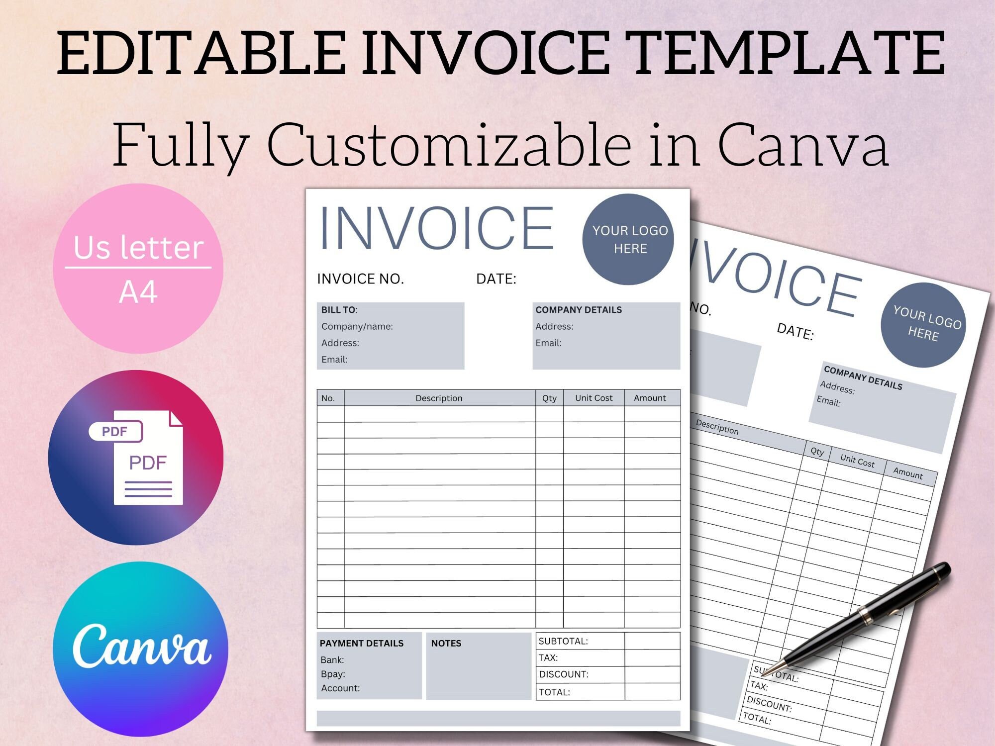 Invoice Template Editable Modern Invoice Form Small Business Invoice ...