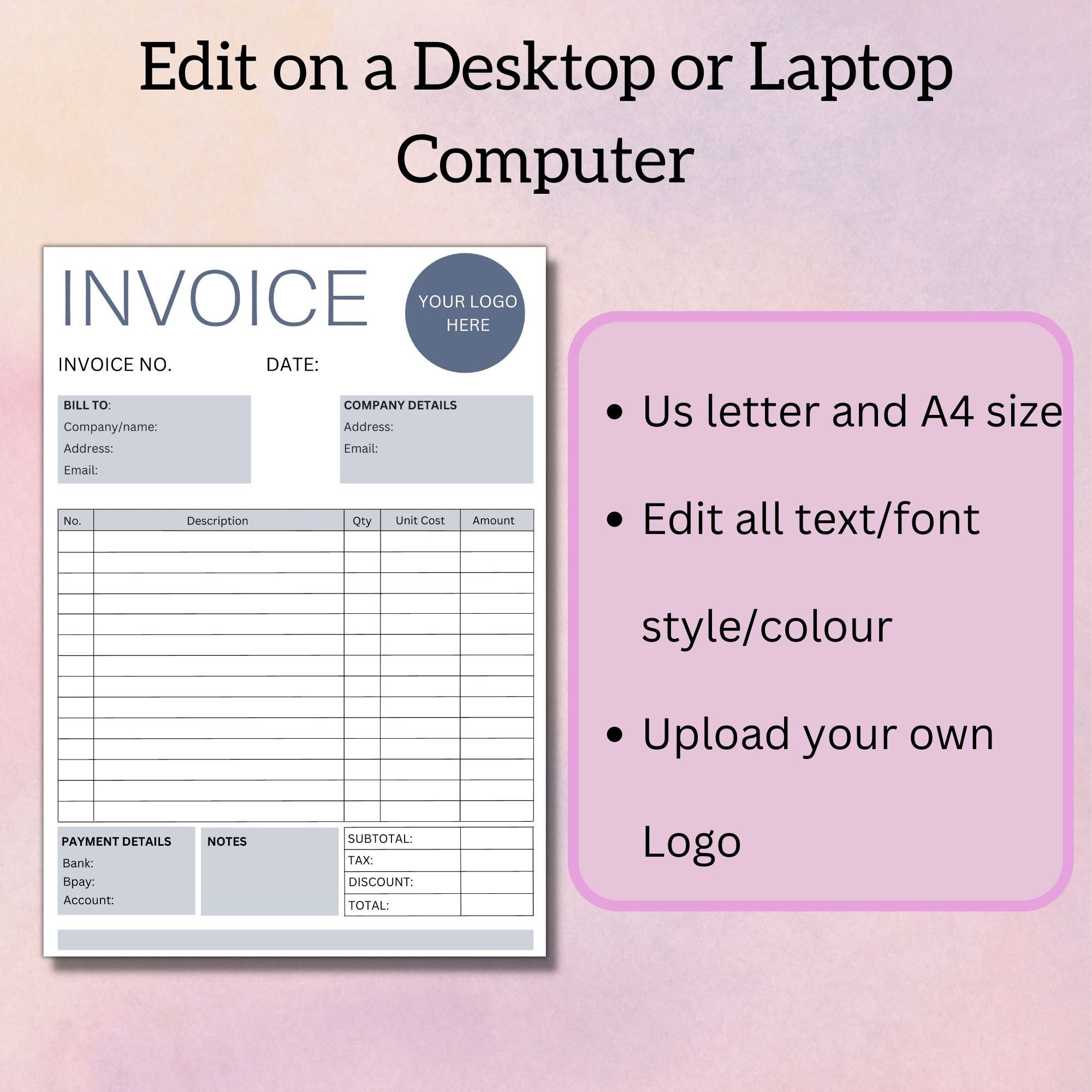 Invoice Template Editable Modern Invoice Form Small Business Invoice ...