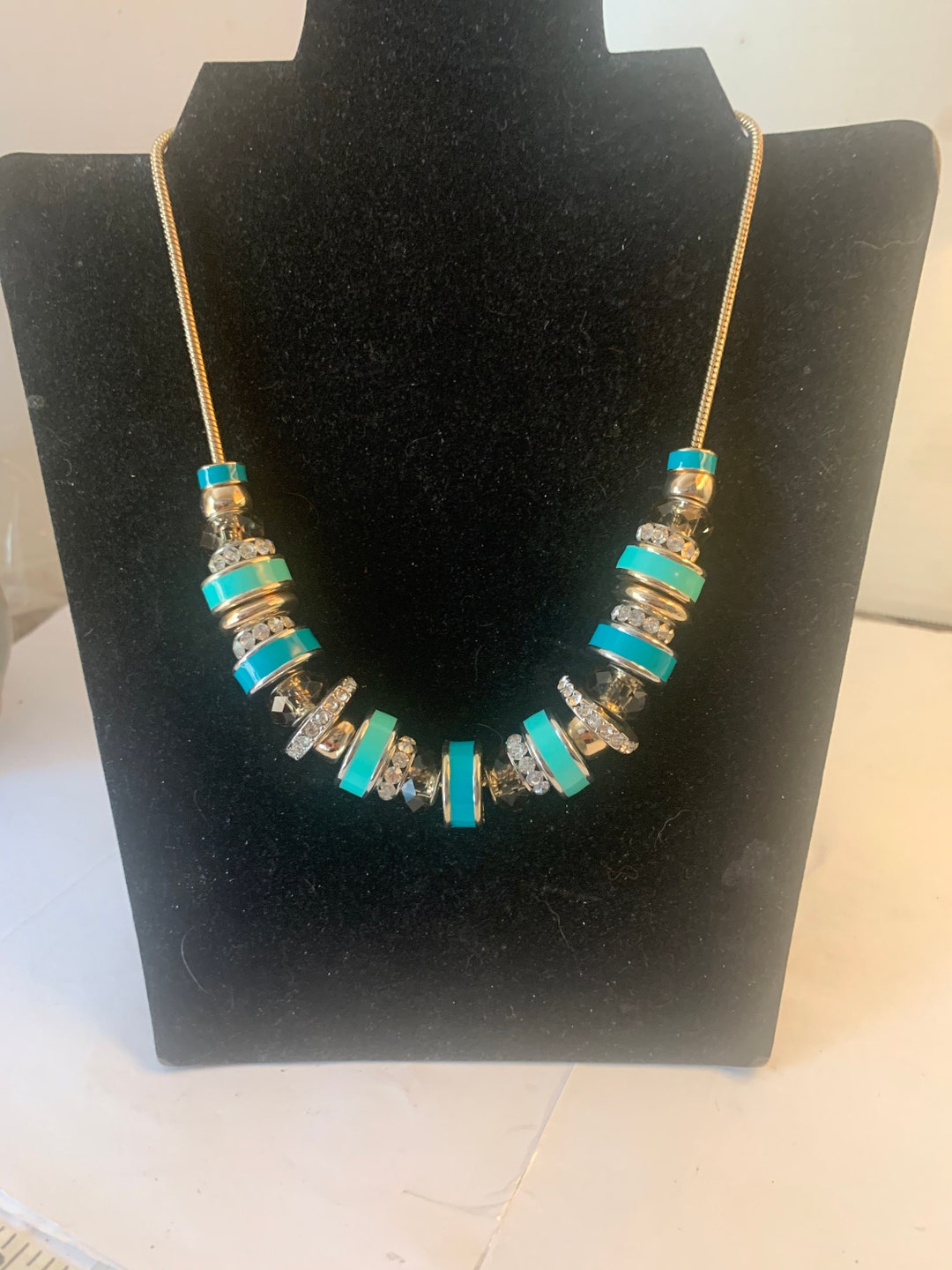 St Thomas Rhinestone and Teal Ringed Gold Necklace - Etsy