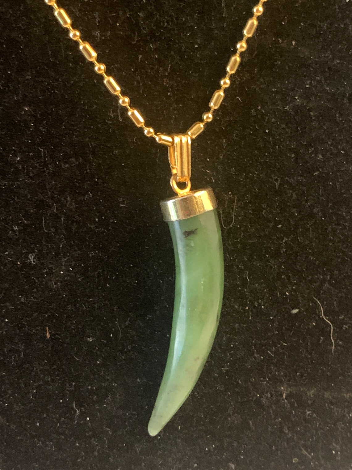 18K GP Chain With Green Jade Tusk Pendant Necklace - Etsy