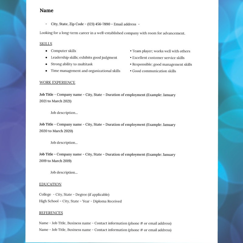 Simple Examples of Resume - Etsy