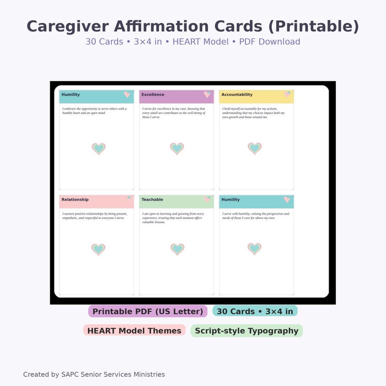 30 Printable Caregiver Affirmation Cards • HEART Model Self-care • PDF ...