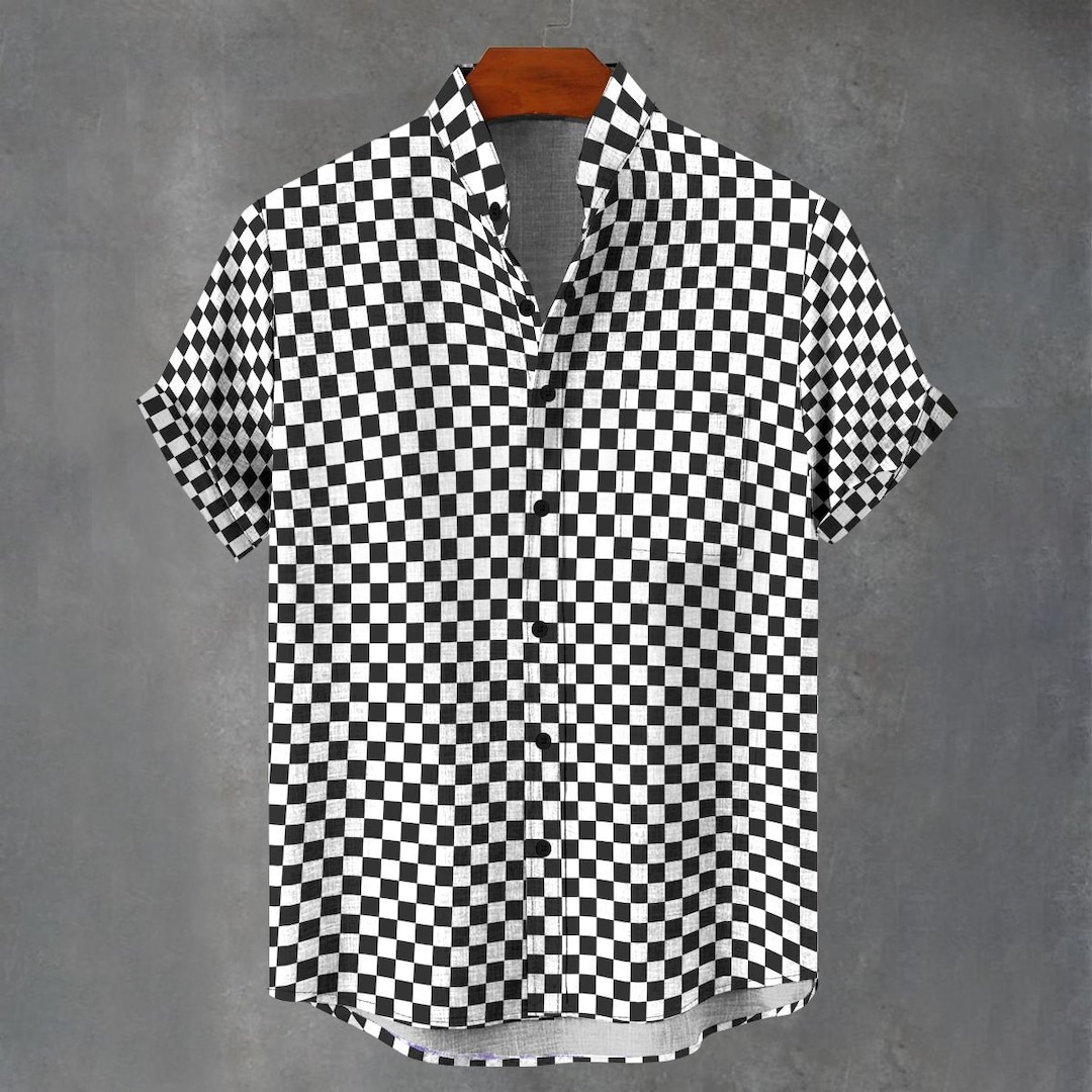 Checker Pattern Shirt - Geometric Print Digital Button Down Shirt ...