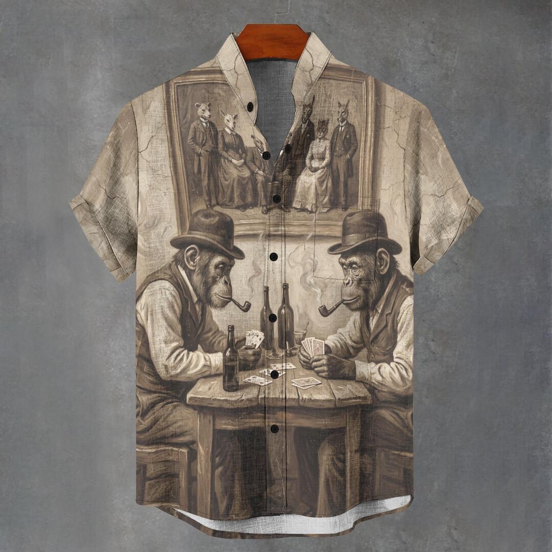 Monkeys Playing Poker - Crazy Vintage Print Digital Button Down Shirt ...