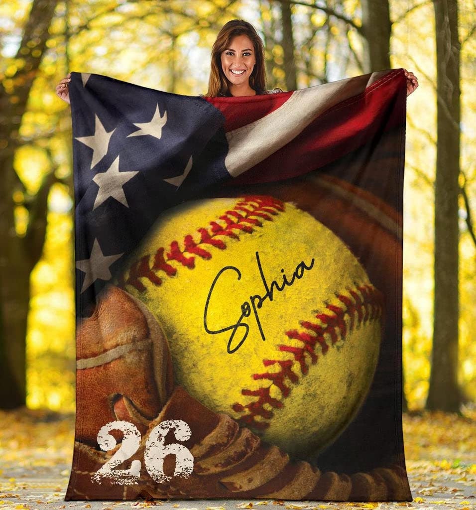 Personalized Softball Blanket, Softball Ball & Glove Soft Cozy Sherpa ...