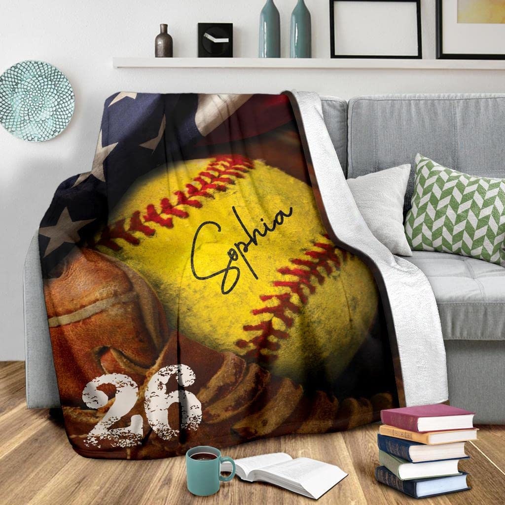 Personalized Softball Blanket, Softball Ball & Glove Soft Cozy Sherpa ...
