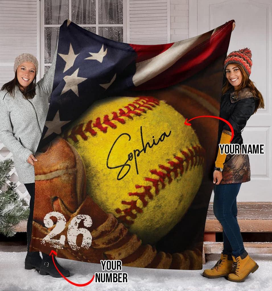Personalized Softball Blanket, Softball Ball & Glove Soft Cozy Sherpa ...