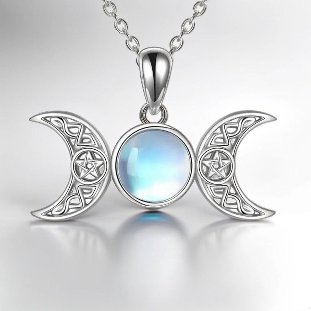 Moonstone Triple Moon Necklace, Goddess Amulet Pentagram Necklace ...