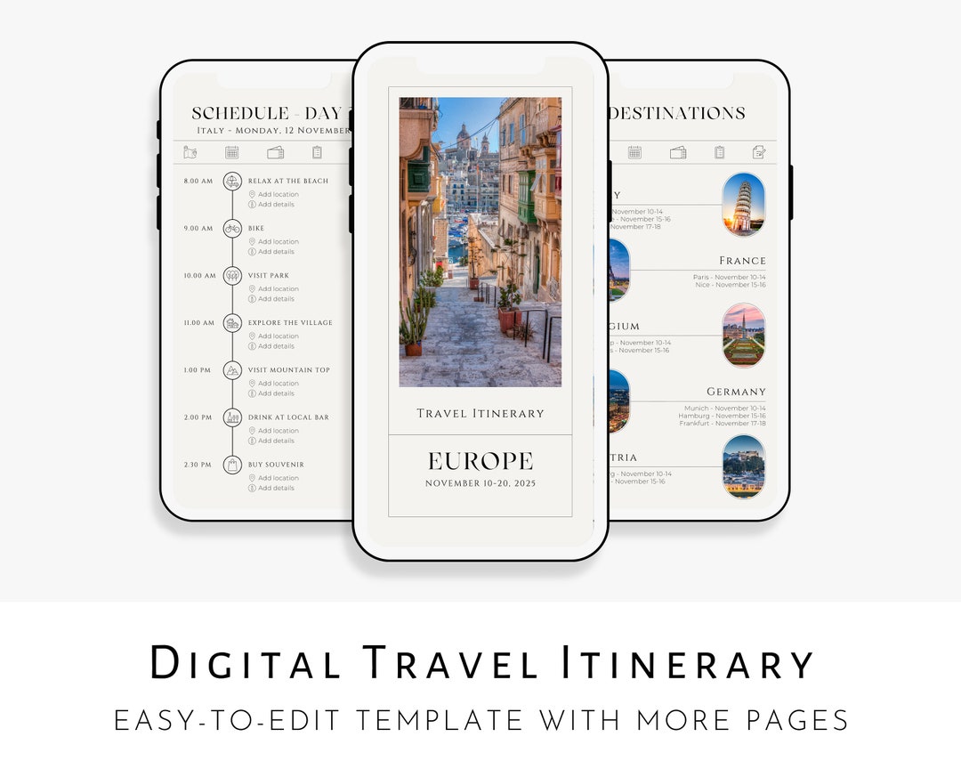 Digital Travel Itinerary Template Trip Itinerary Digital Template